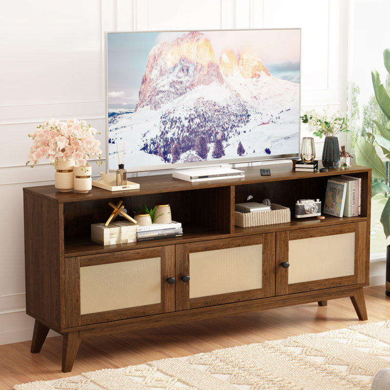 George Oliver Mid century Modern Tv Stand For 65 Inch Tv Entertainment Centre And Rattan Tv Stand With Storage Shelves And Rattan Doors Media Console Farmhouse Tv Stand For Living Room Bedroom Walnut